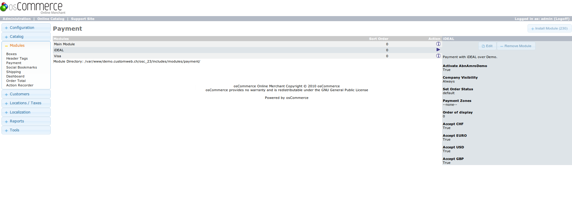 Installation du module H2EPAYMENT pour OSCommerce